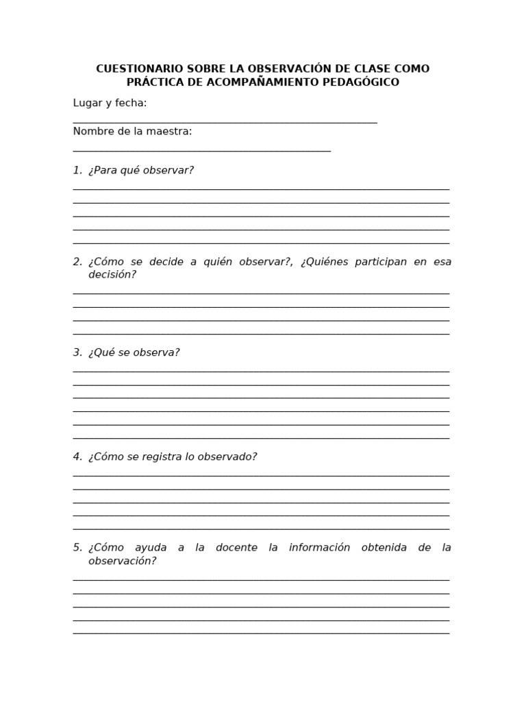 Cuestionario Sobre La Observación de Clase Como Práctica de ...