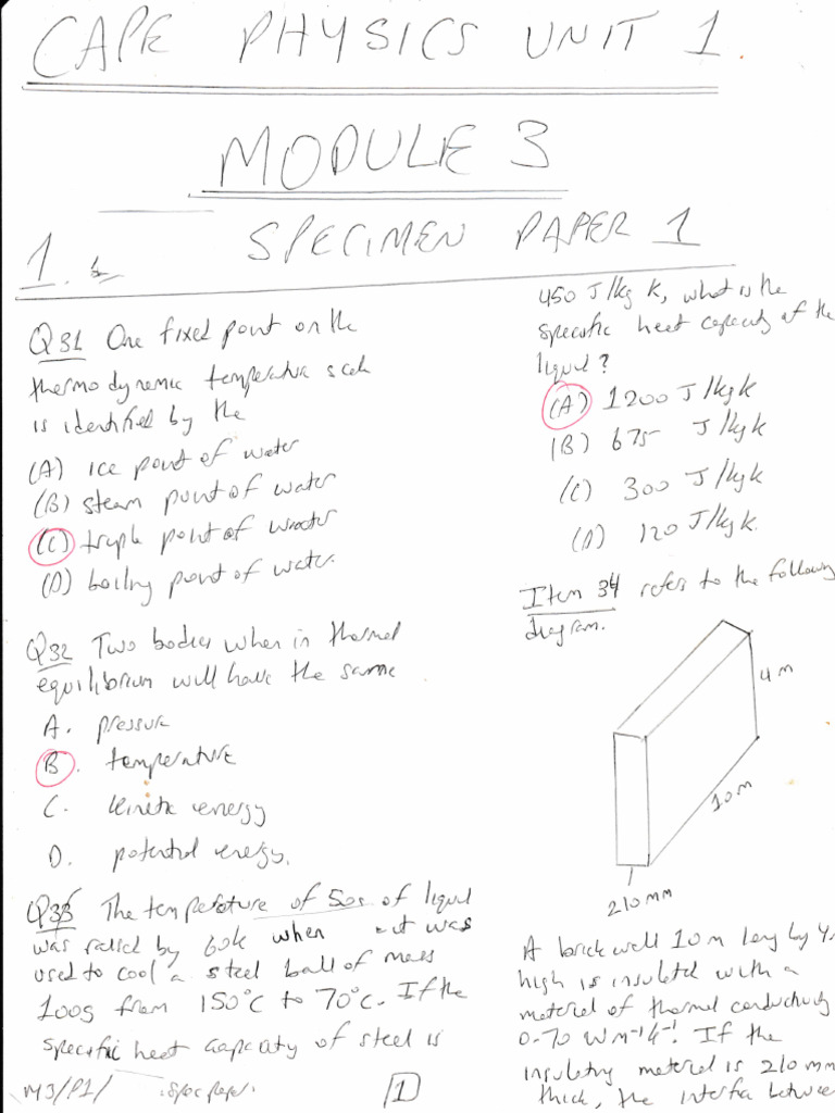 Cape Physics U1 P1 Module 3 Specimen Paper May2007-2023 With Answers Handwritten | PDF