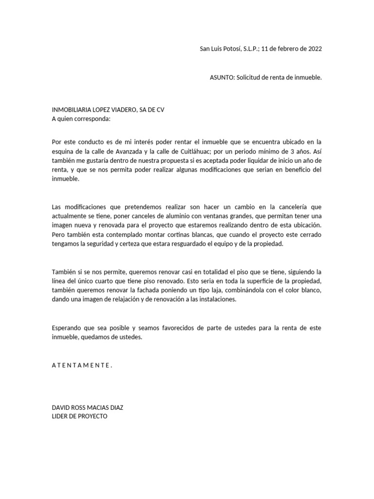 Carta Propuesta de Renta | PDF