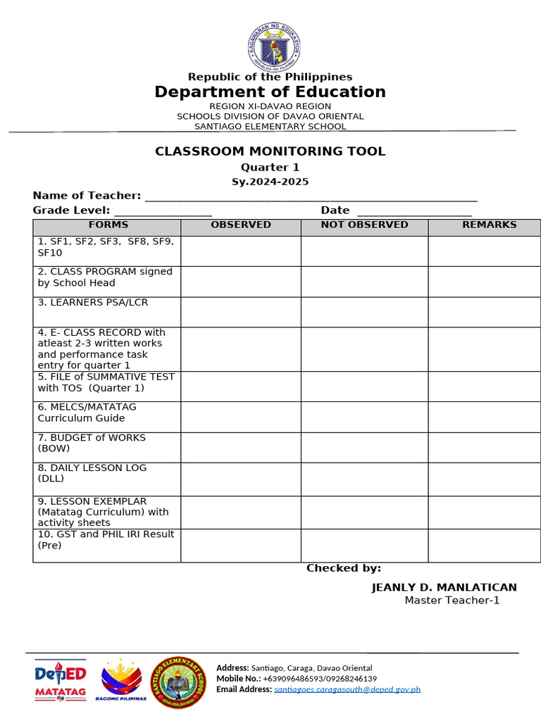 Classroom Monitoring Tool 1st Quarter | PDF