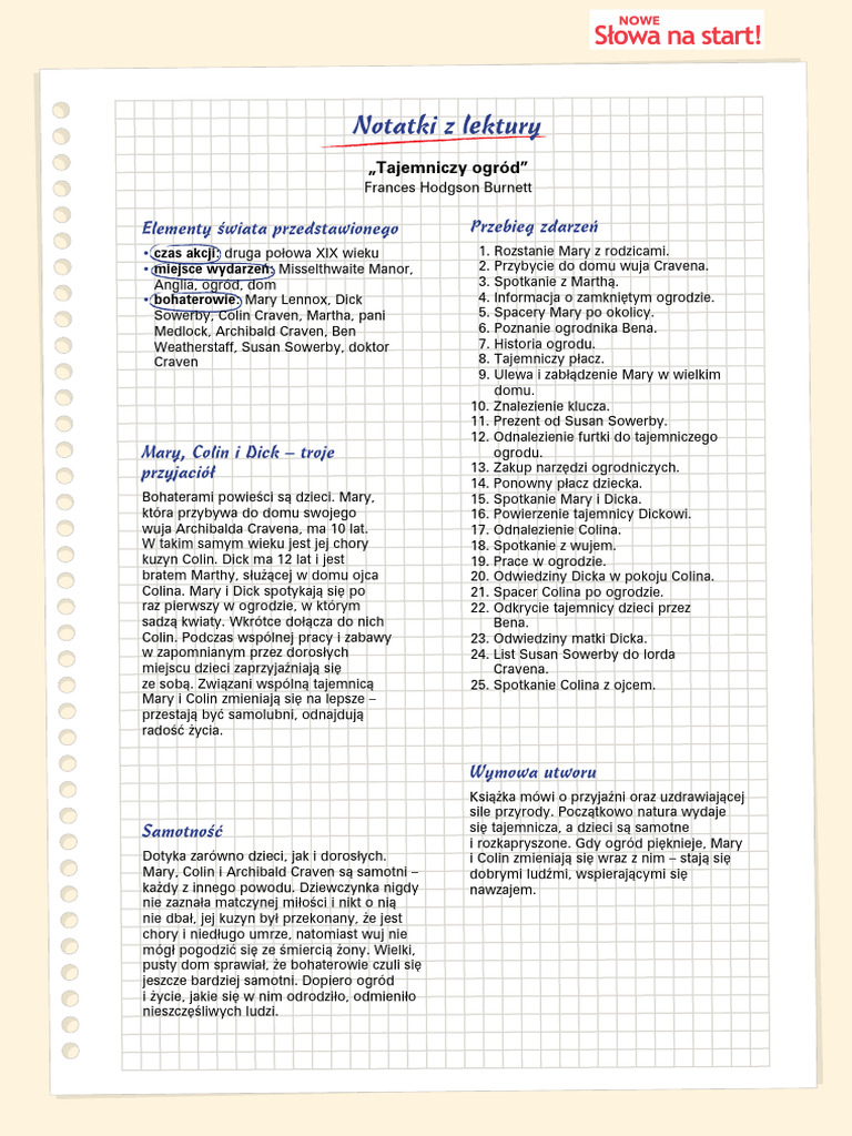 tajemniczy ogrod lektura uzupelniajaca notatki z lektury | PDF
