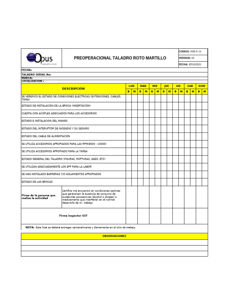 Hse-F-11 Preoperacional Taladro Roto Martillo | PDF