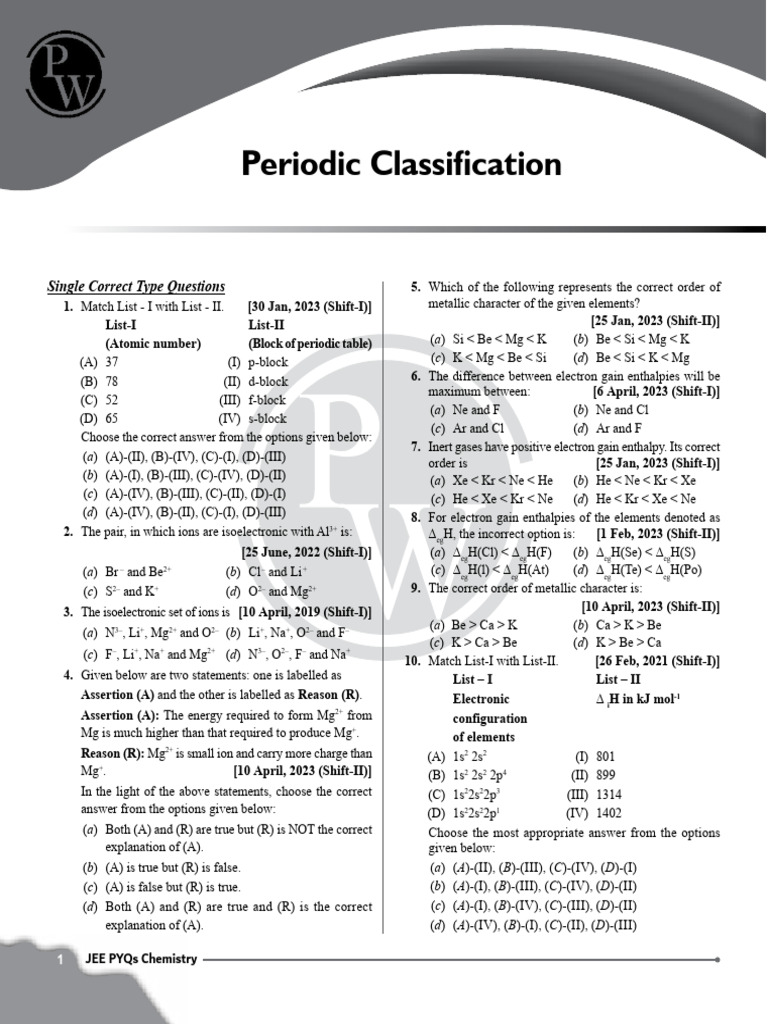 Periodic Classification - PYQ | PDF