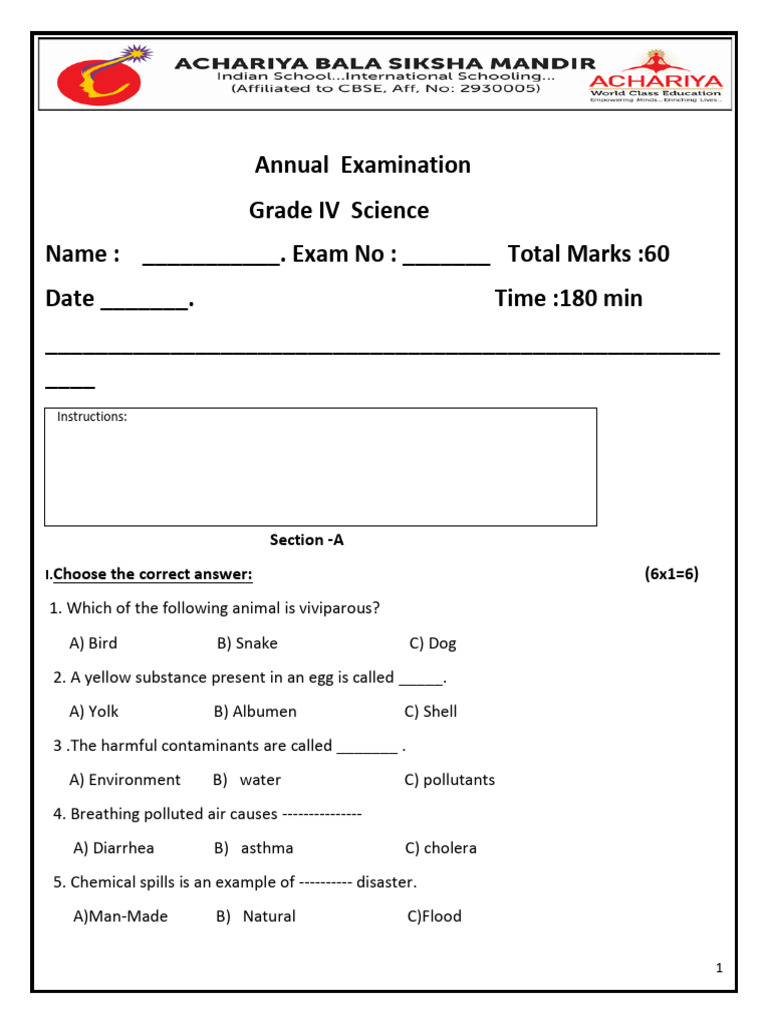 Grade 4 Science Annual Examination QP | PDF