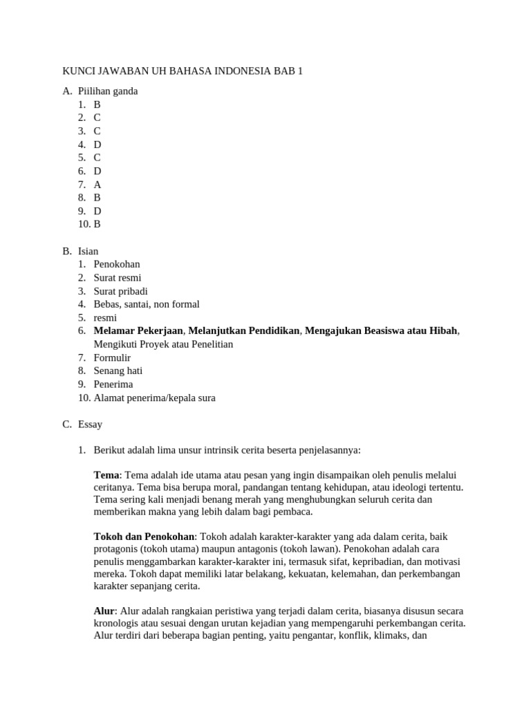 Kunci Jawaban Uh Bahasa Indonesia Bab 1 | PDF