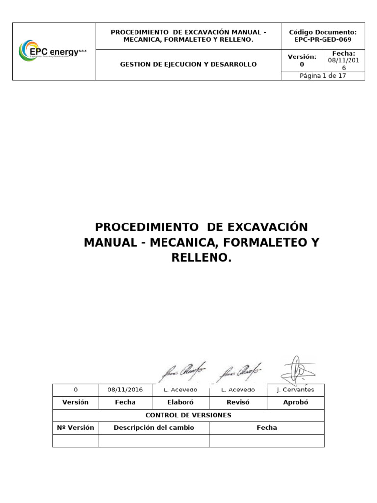 Epc-Pr-Ged-069 Procedimiento de Excavación Manual-Mecanica Formaleteo y Relleno V0 | PDF