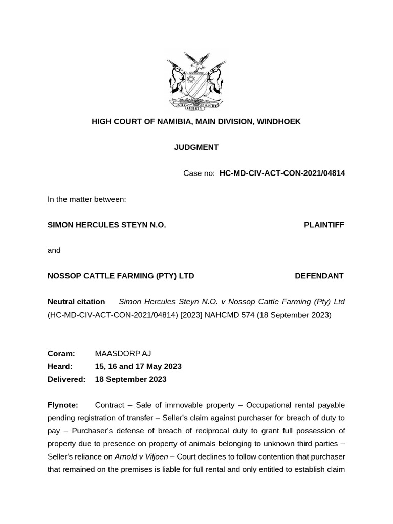 Simon Hercules Steyn NO V Nossop Cattle Farming (Pty) LTD ...