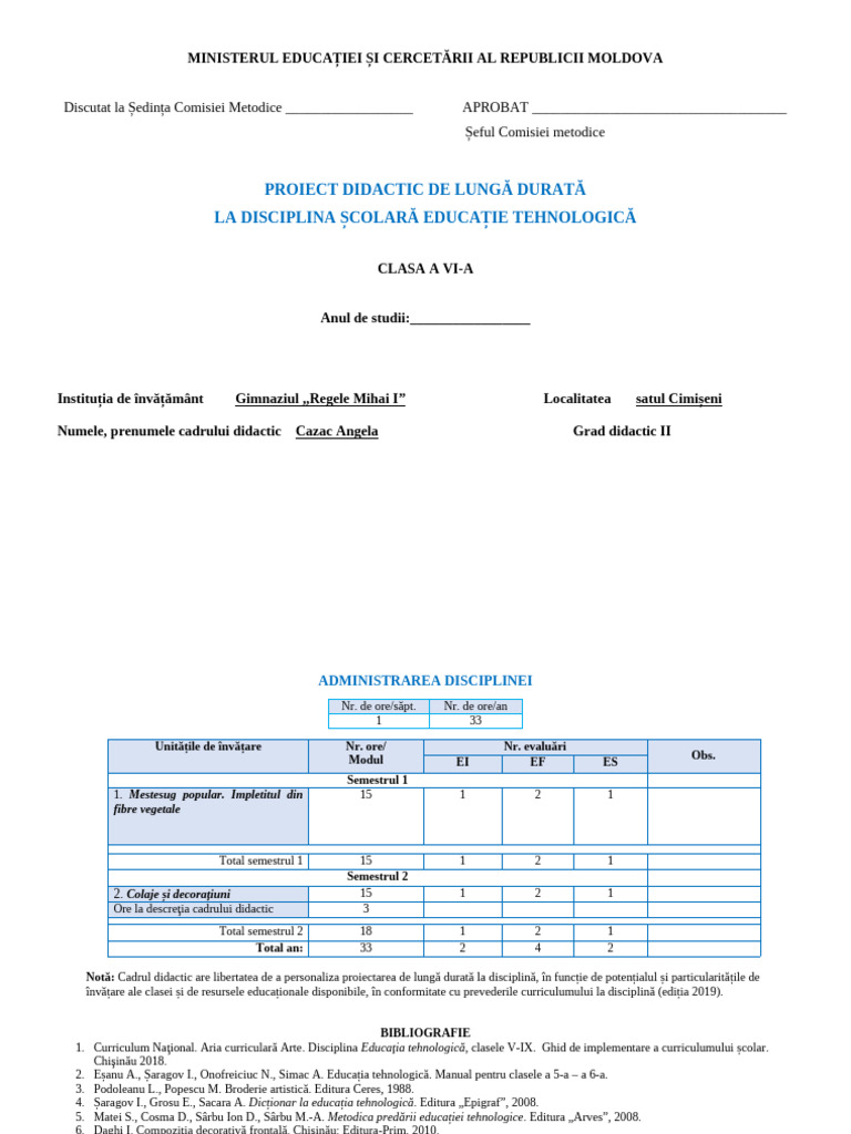 PLD Educatie Tehnologica Clasa 6 | PDF