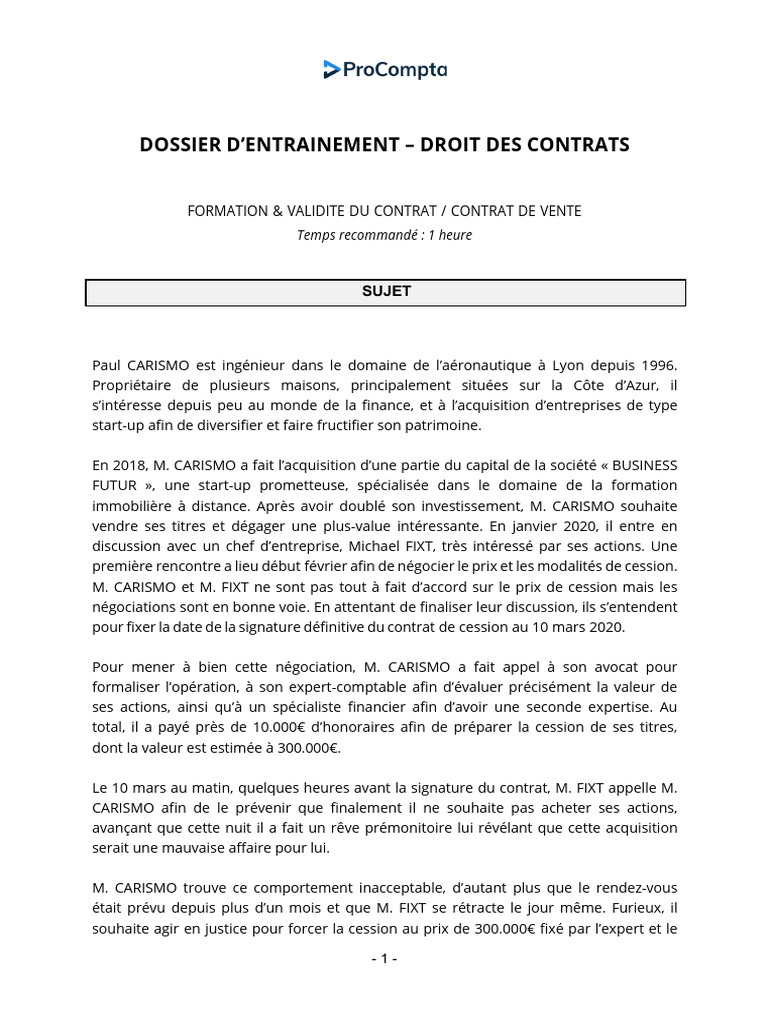 UE1 - Droit Des Contrats - #18 - Dossier D'entrainement N°2 - Sujet - 18 - 01 - 2024 | PDF