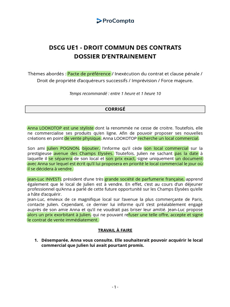 UE1 - Droit Des Contrats - #21 - Dossier D'entrainement N°5 - Corrigé - 19 - 02 - 2024 | PDF