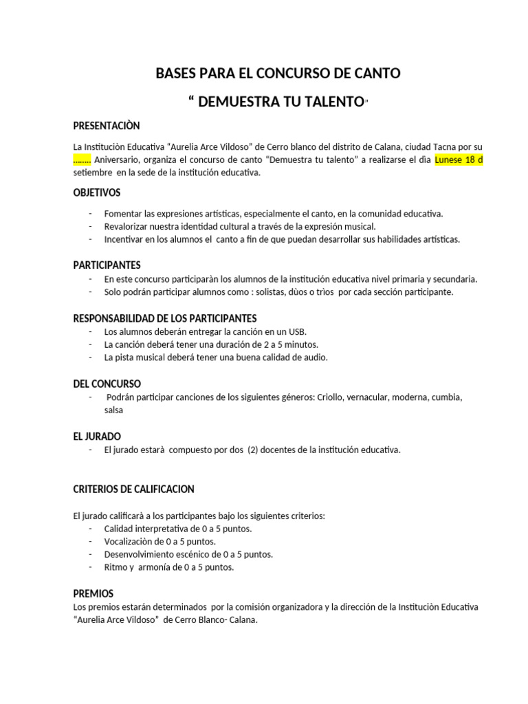 BASES PARA EL CONCURSO DE CANTO | PDF BASES PARA EL CONCURSO DE CANTO | PDF
