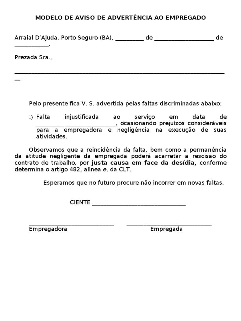 modelo de aviso de advertência ao empregado