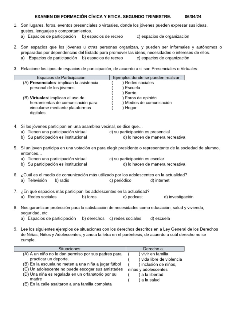Examen De Formación Cívica Y Etica 2t Pdf