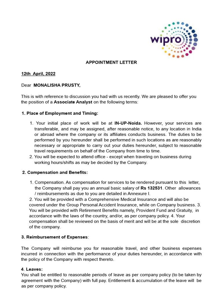 Appointment Letter 12th April, 2022 Monalisha Prusty | PDF