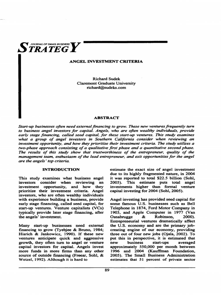 ANGEL INVESTMENT CRITERIA - Claremont Graduate University | PDF ANGEL INVESTMENT CRITERIA - Claremont Graduate University | PDF