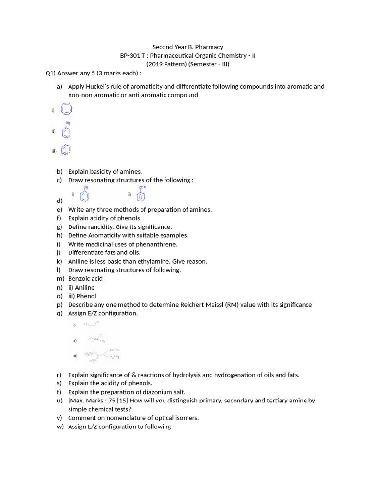 S, Y, B, Pharm 3rd Sem Organic Chemistry Pyq | PDF