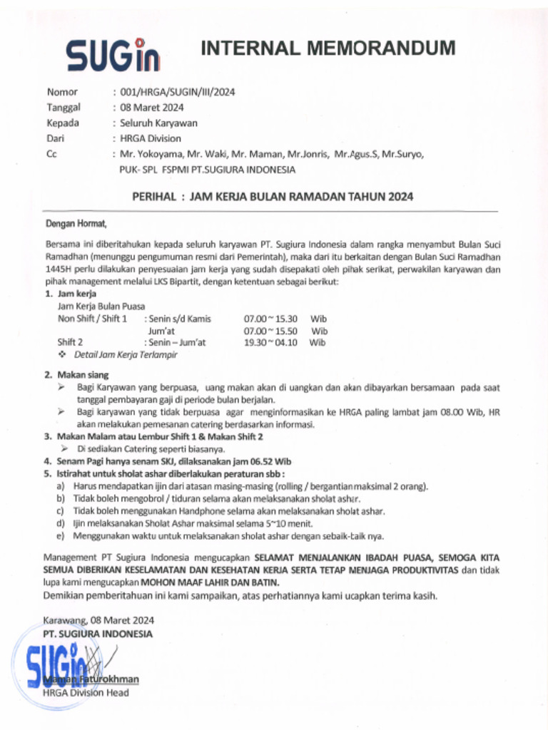 Internal Memo - Jam Kerja Ramadhan 2024 | PDF