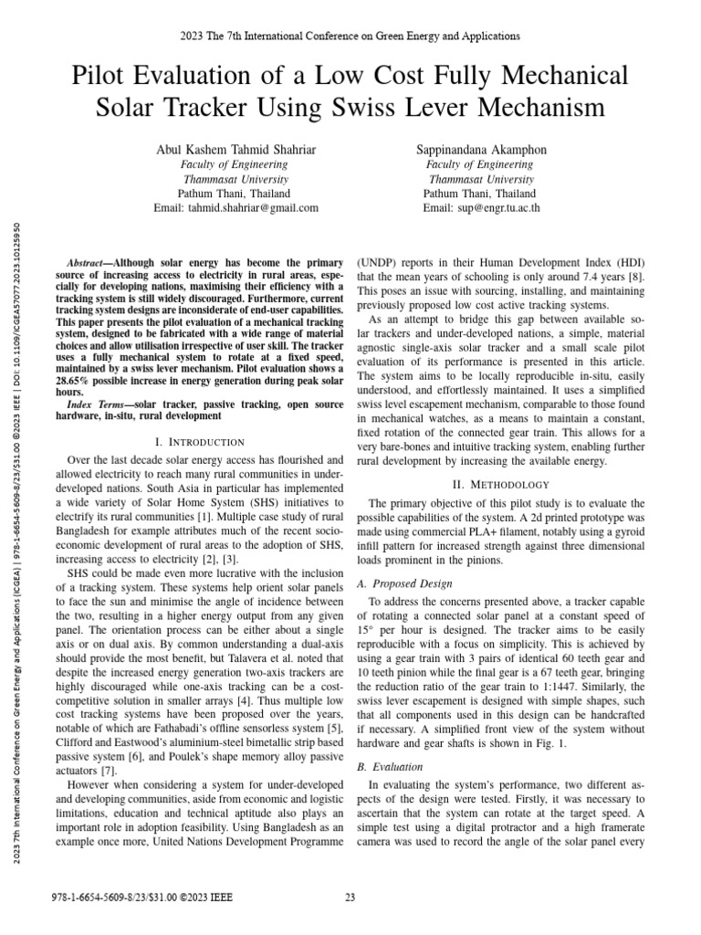 Pilot Evaluation of A Low Cost Fully Mechanical Solar Tracker Using ...