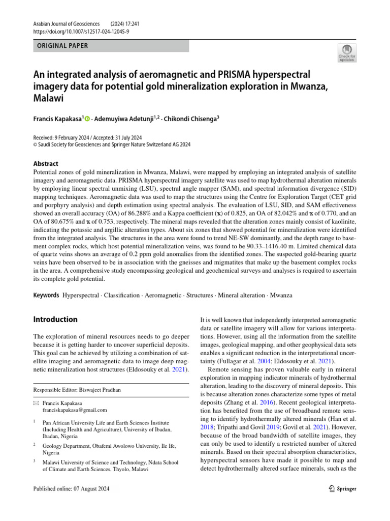 An Integrated Analysis of Aeromagnetic and PRISMA Hyperspectral Imagery ...