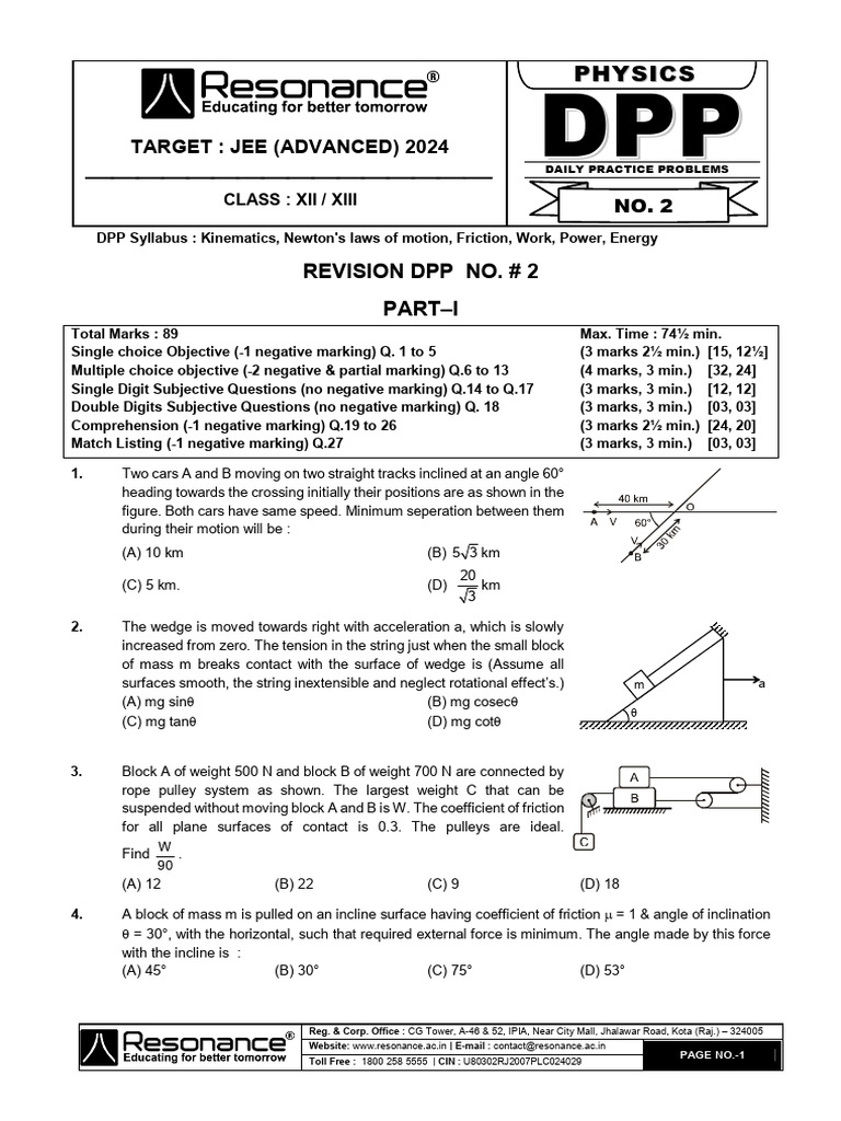 DPP-2 - PHYSICS (Kinematics, Newton's Laws of Motion, Friction, Work ...
