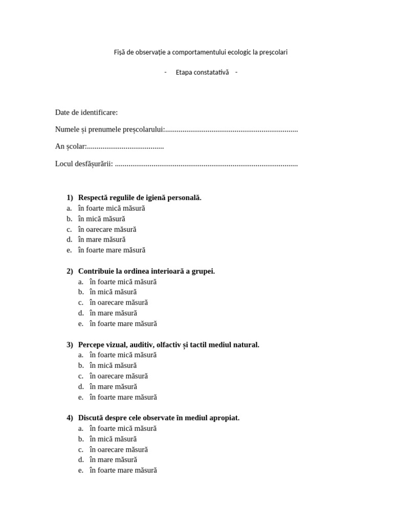 Fisa de Observatie A Comportamentului Ecologic La Prescolari | PDF