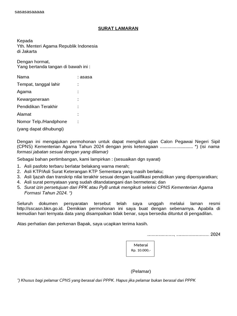 Contoh Surat Lamaran Dan Surat Pernyataan Cpns Kemenag 2024 | PDF