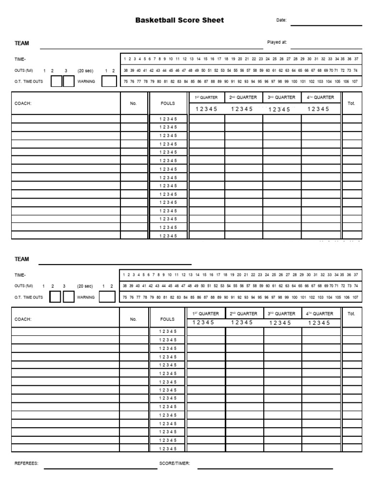 Printable Basketball Score Sheet | PDF