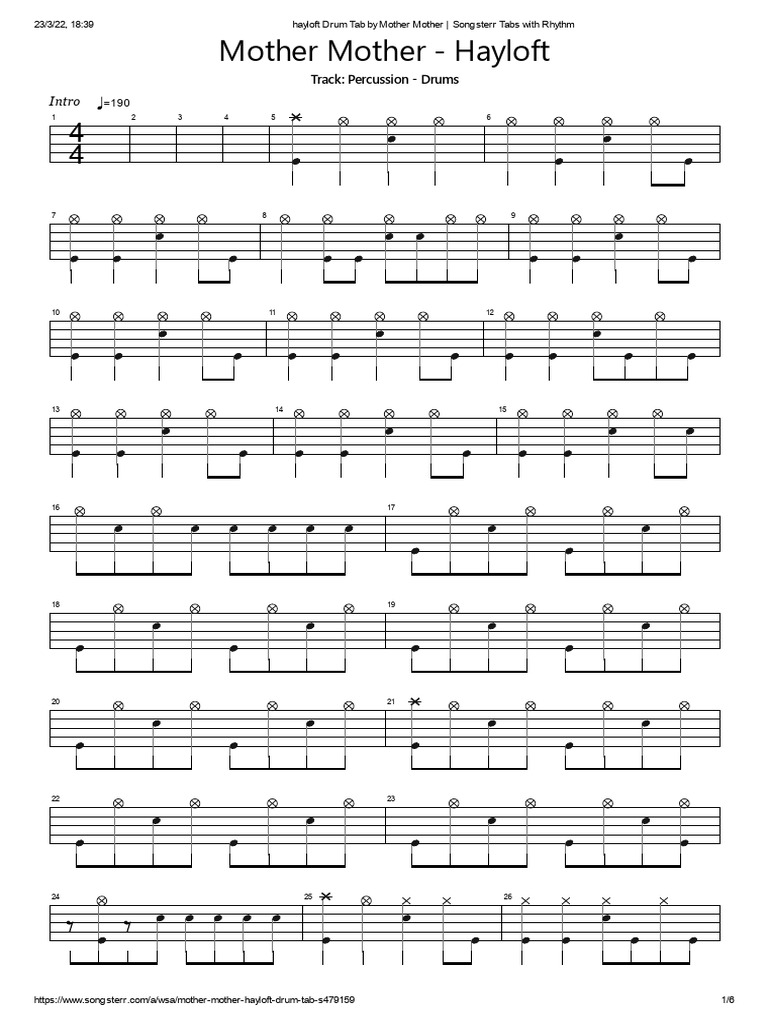 Hayloft Drum Tab by Mother Mother - Songsterr Tabs With Rhythm | PDF