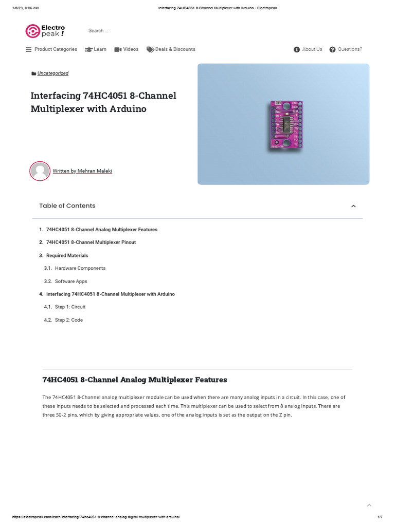 Interfacing 74HC4051 8-Channel Multiplexer With Arduino - Electropeak | PDF