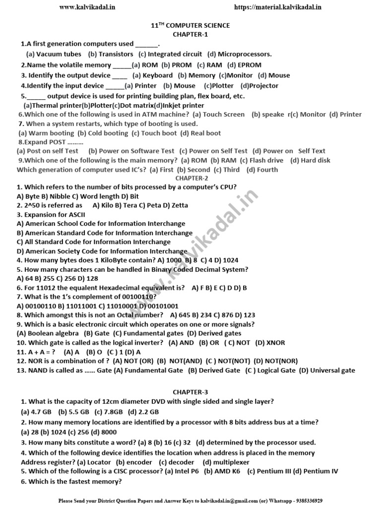 11th Computer Science One Mark Questions | PDF | Operating System ...