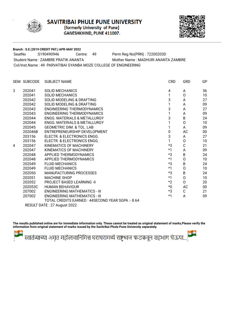 Savitribai Phule Pune University, Online Result | PDF
