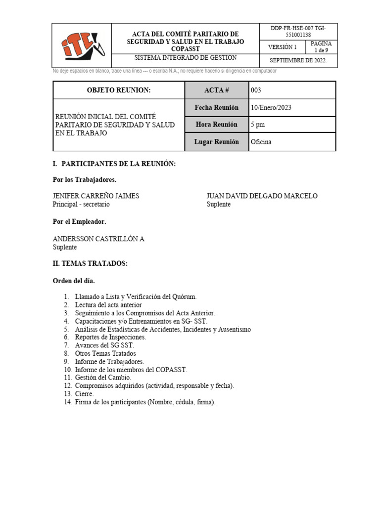 003 - Acta Reunión COPASST | PDF
