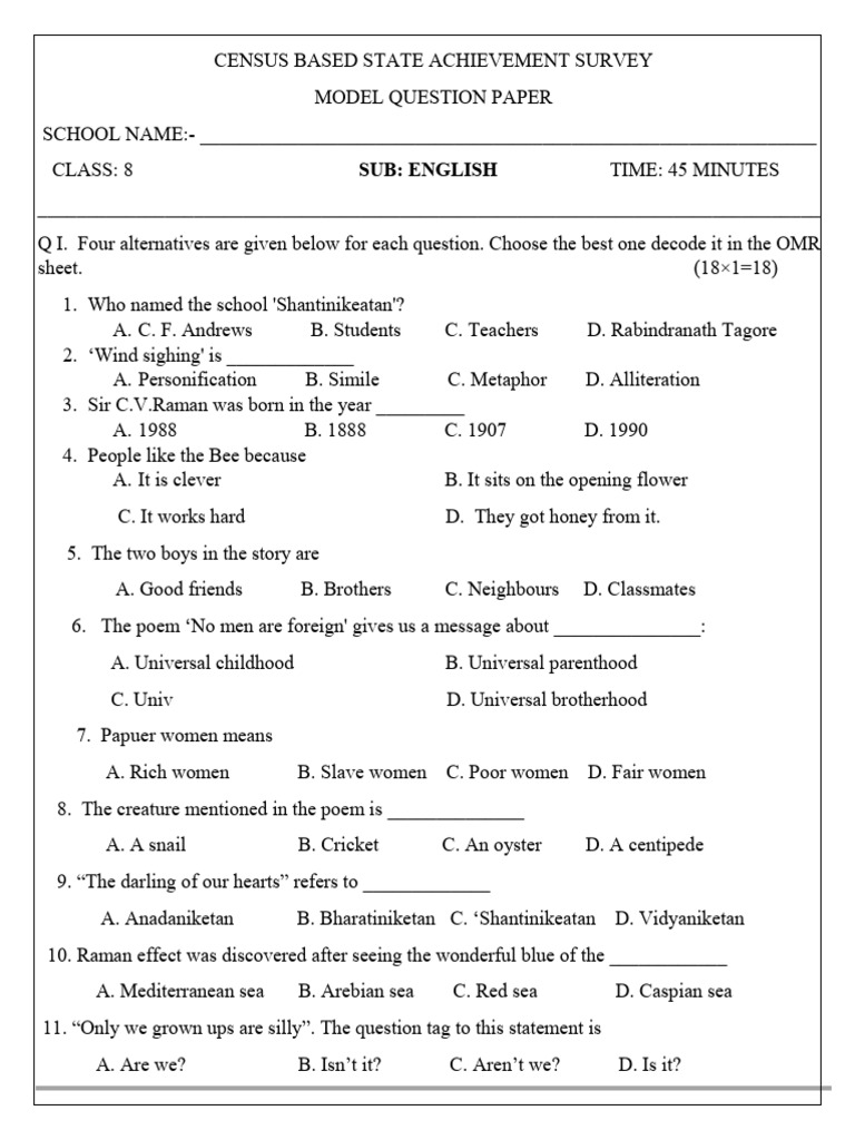 English Model Paper Class 8 | PDF