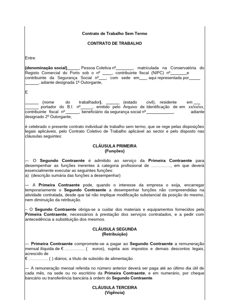 Minuta de Contrato de Trabalho Sem Termo | PDF