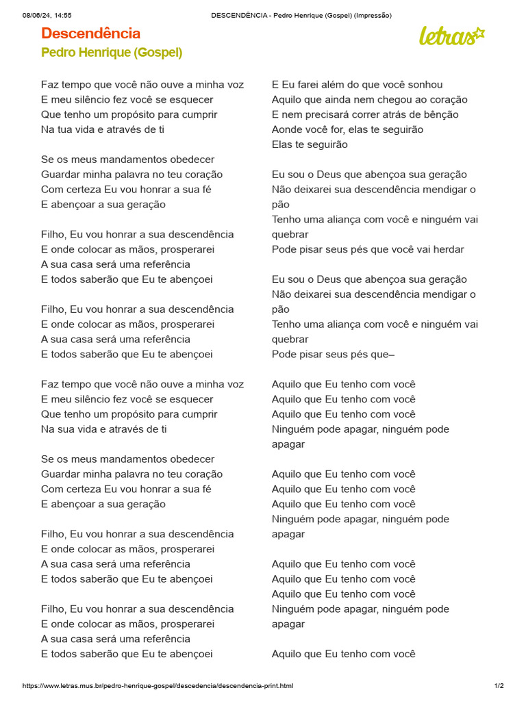 DESCENDÊNCIA - Pedro Henrique (Gospel) (Impressão) | PDF