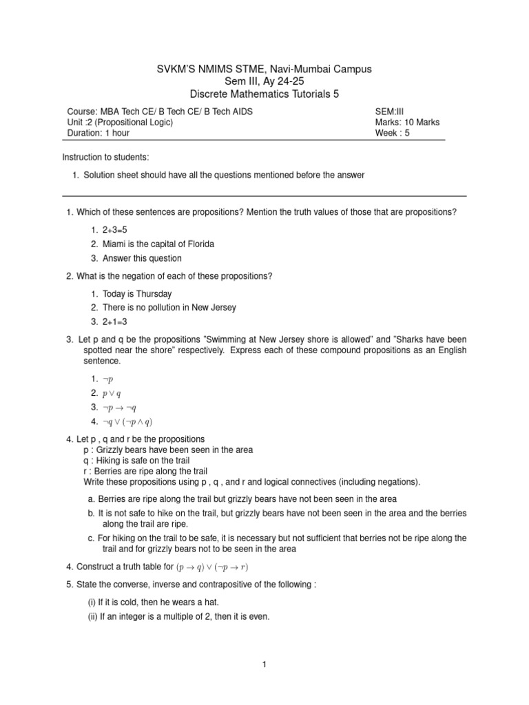 Tutorial 5 - Logic | PDF