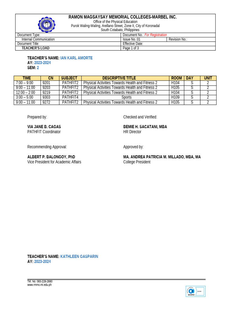 PATHFIT-TEACHERS-LOAD-2023 | PDF
