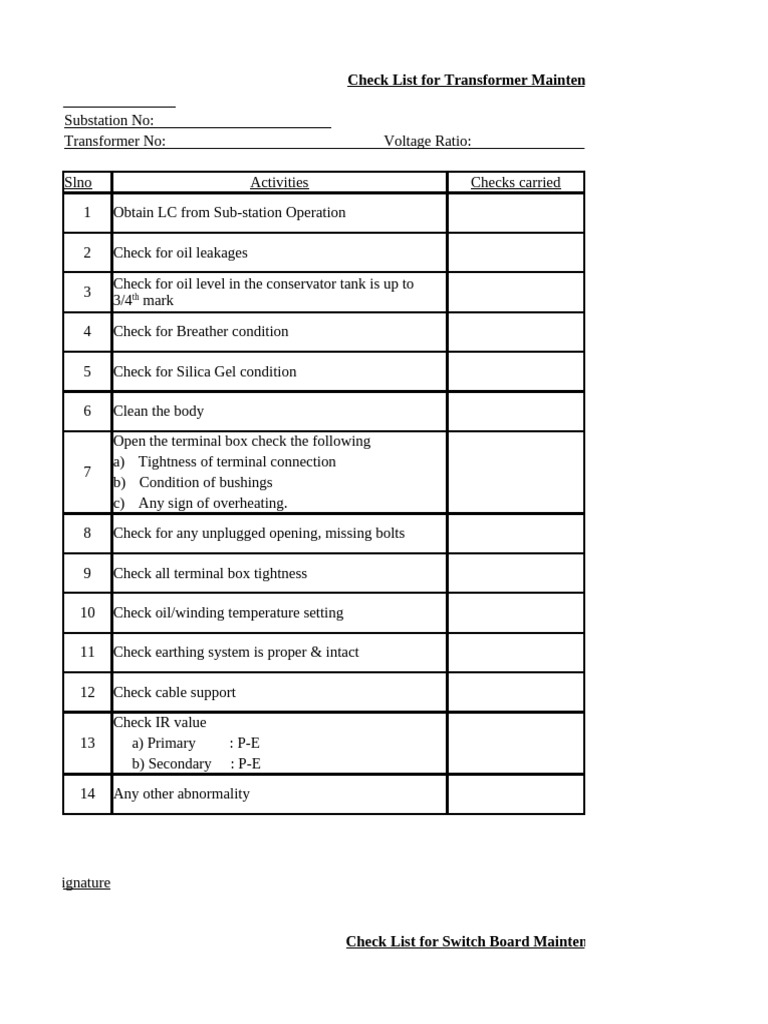 Checklist Transformer | PDF