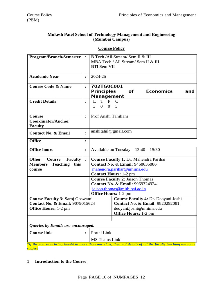 Course Policy Doc. PEM July-Nov. 2024 | PDF
