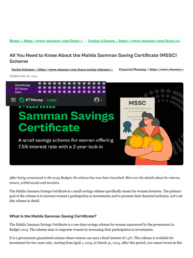 Mahila Samman Savings Certificate Scheme (MSSC) 2 | PDF