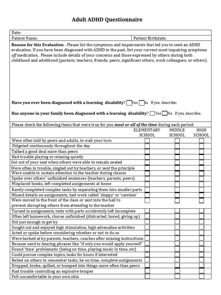 Adha Adult Self Questionaire 0 | PDF
