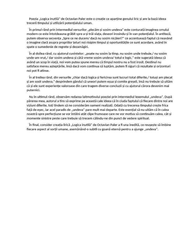 Argumentarea Valorii Poezii Goana Inutilă" | PDF