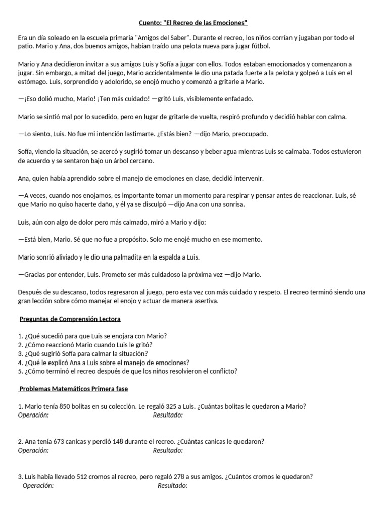 Cuento Recreo de Las Emociones, Comprension y Problemas | PDF