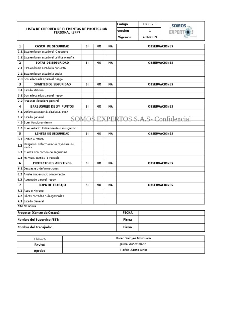 FGSST-15 Lista de Chequeo Epp | PDF