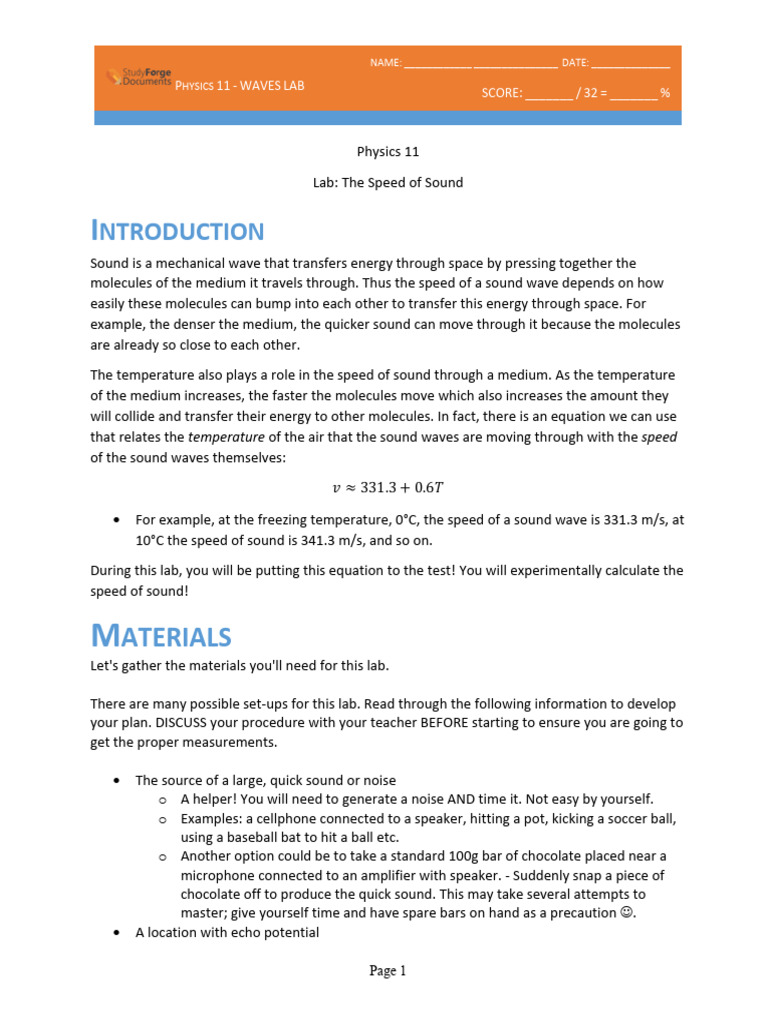PH 11 CH 8 LAB Speed of Sound | PDF