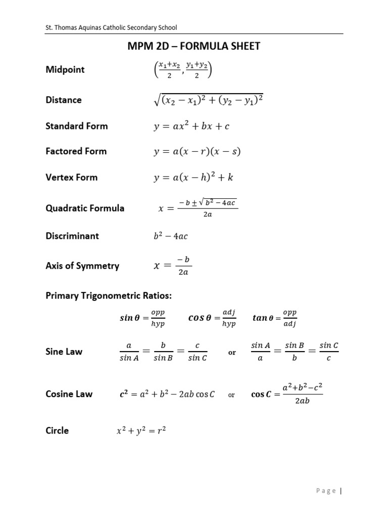 MPM 2D Formula Sheet | PDF