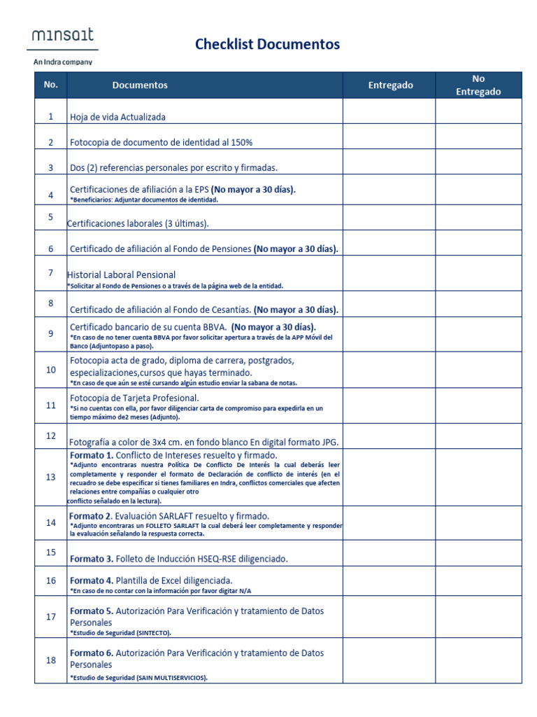 Checklist Documentos - Indra Colombia. | PDF