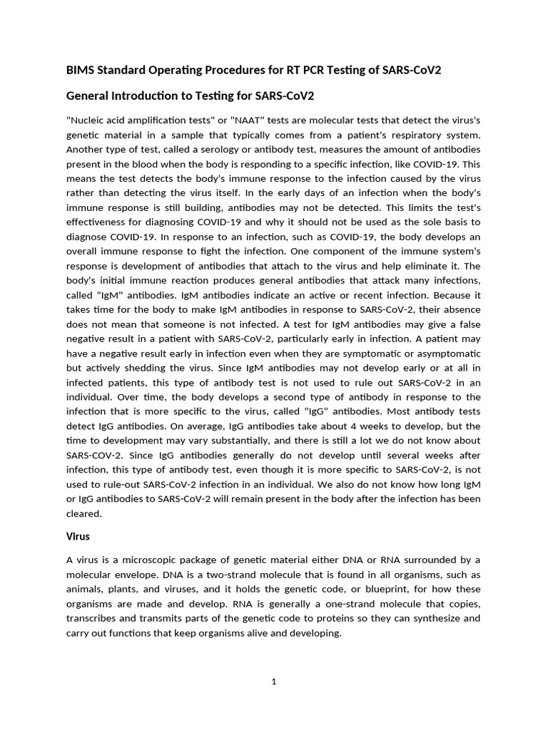 BIMS Standard Operating Procedures For RT PCR Testing of SARS | PDF