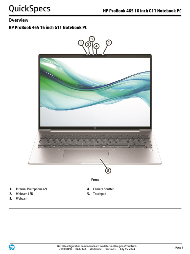 HP Probook 465 16 Inch G11 Notebook PC: Internal Microphone (2) Camera ...