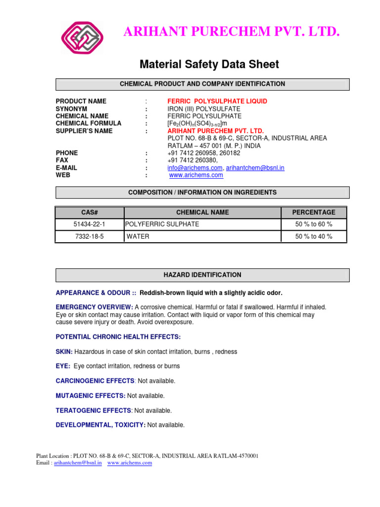 MSDS of POLYFERRIC SULPHATE - ARIHANT PURECHEM PVT. LTD Ratlam | PDF